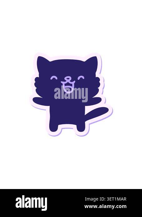 Vertical video showing a cute, cartoonish black cat with a wide smile ...