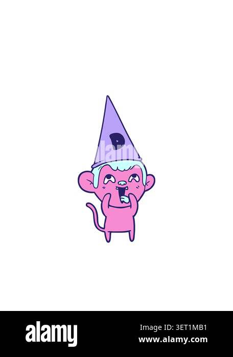 Vertical video showing a cartoon monkey wearing a party hat with the ...