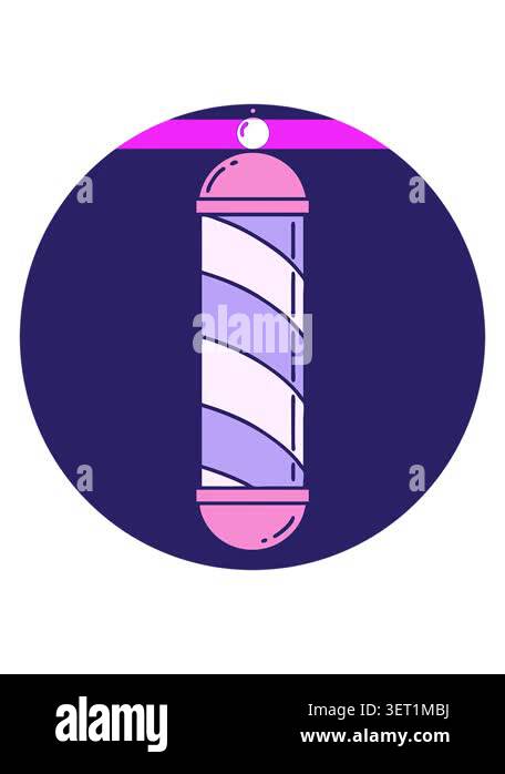 Vertical video showing a barber pole with pink and purple stripes ...