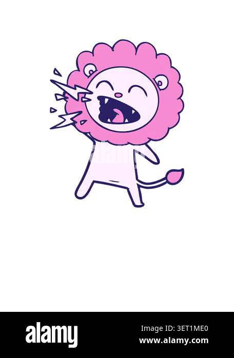 Vertical video showing animated cartoon lion with a pink mane roars ...