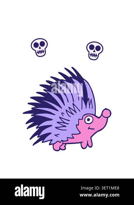 Vertical video showing a cute cartoon hedgehog with purple spikes and ...