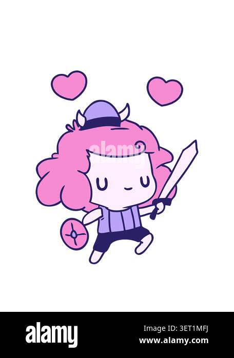 Vertical video showing cute cartoon viking character with pink hair ...