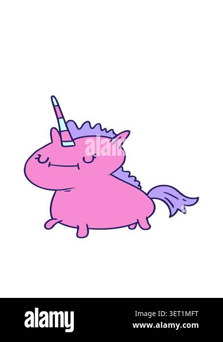 Vertical video showing a cute pink cartoon unicorn with a striped horn ...