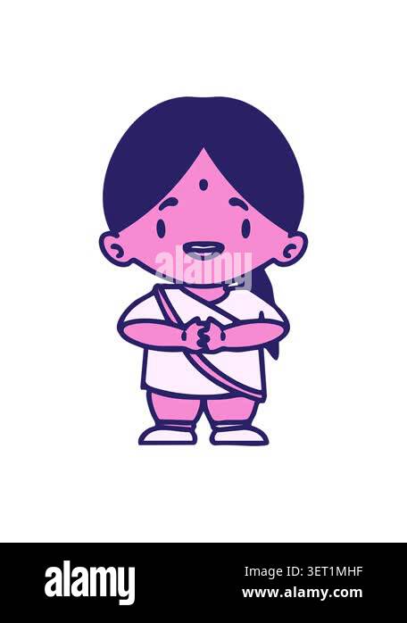 Vertical video showing cute animated cartoon girl in traditional Indian ...