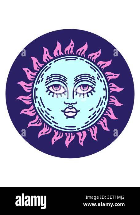 stylized sun face with pink flames and blue details, set against a dark ...