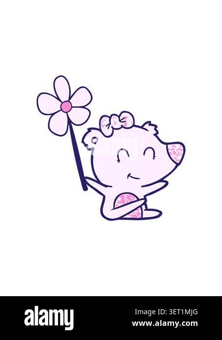 Vertical video showing cute pink cartoon bear with a bow and a flower ...