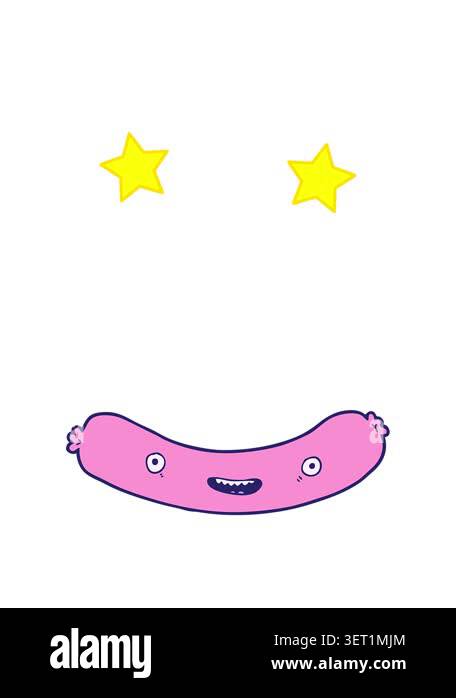 Vertical video showing animated cartoon of a smiling sausage with two ...