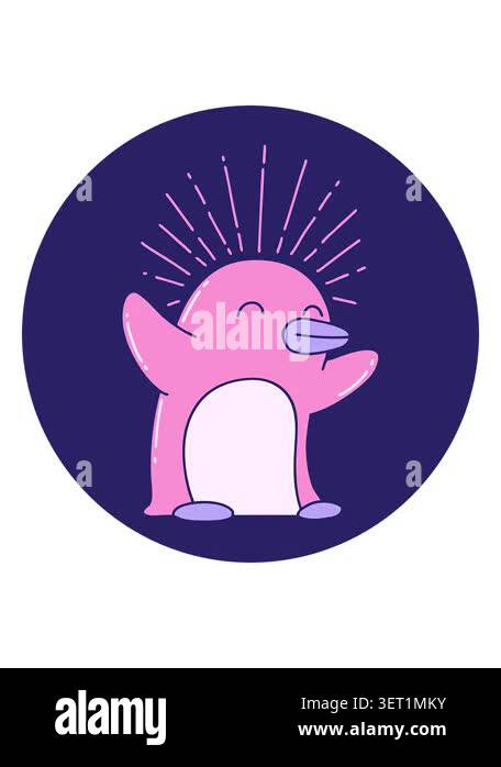 cute pink cartoon penguin with its arms raised in a celebratory pose ...