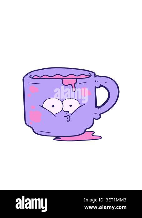 cartoon purple mug with a surprised face and pink liquid spilling out ...