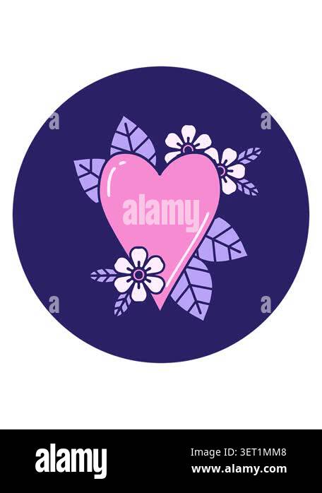 pink heart with flowers and leaves inside a dark blue circle. Simple ...