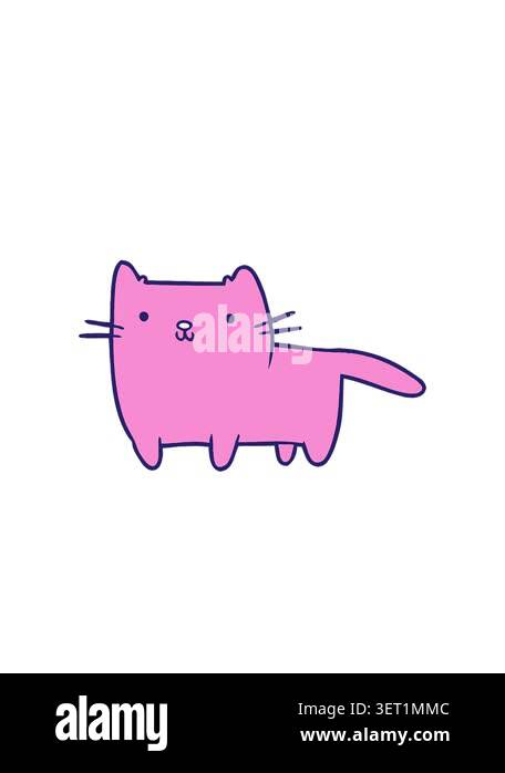 simple pink cartoon cat with blue outlines walks slowly against a white ...