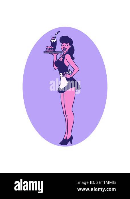Vertical video showing retro waitress in uniform holding tray with ...
