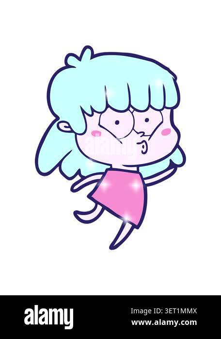 Vertical video showing animated girl with blue hair and pink dress ...