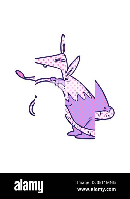 Vertical video showing animated cartoon aardvark with pink polka dots ...