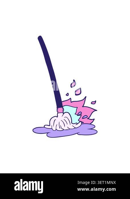 Vertical video showing animated cartoon mop cleaning up purple liquid ...