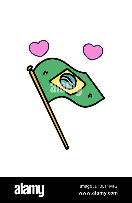 Vertical video showing animated Brazilian flag with two pink hearts ...