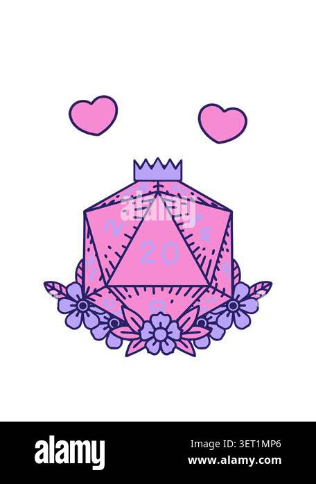 Vertical video showing pink icosahedron die with crown, hearts and ...