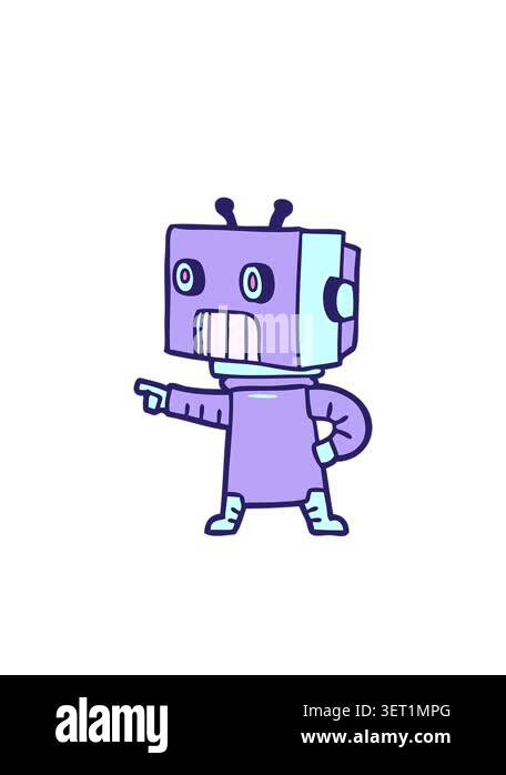 Vertical video showing a cartoon robot with a square head and purple ...
