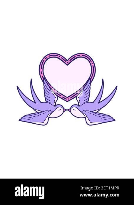 Vertical video showing two stylized purple swallows fly towards a pink ...
