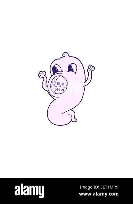 Vertical video showing cute cartoon ghost with skull inside its mouth ...