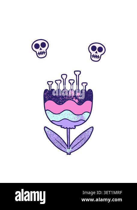 Vertical video showing animated cartoon flower with two skulls above ...