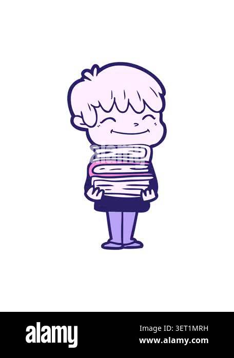 Vertical video showing animated cartoon boy holding stack of books ...