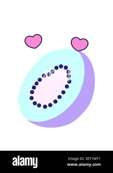 Vertical video showing cute cartoon kiwi slice with pink hearts above ...