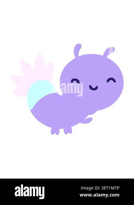 Vertical video showing cute cartoon caterpillar character with purple ...