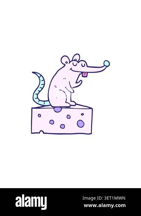 Vertical video showing a cute cartoon mouse sits happily on a slice of ...