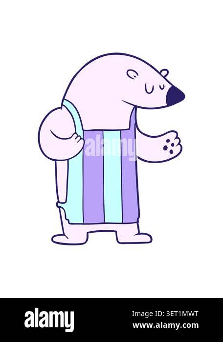 Vertical video showing a cartoon polar bear wearing a striped apron ...