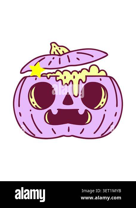 Vertical video showing a cartoon illustration of a carved purple ...