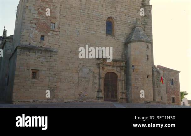 Close view of medieval church entrance in the old town of Caceres Stock ...