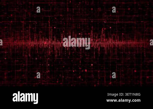 Abstract red digital audio waveform visualizer moving across a dark ...
