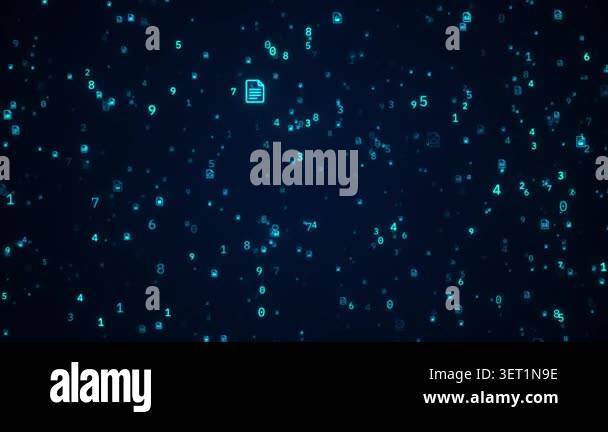 Digital data stream with floating blue numbers and document icons ...