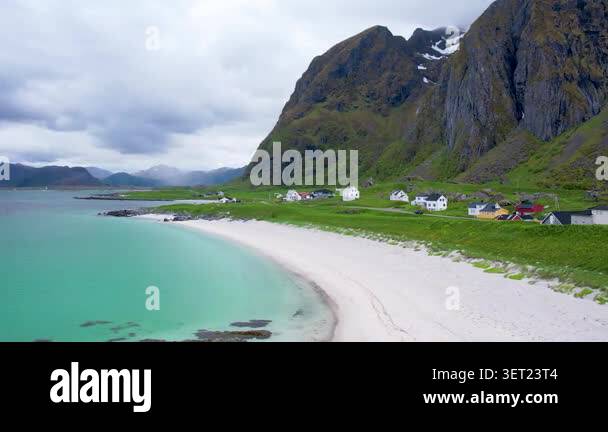 Aerial drone view of Lofoten Islands in Norway, featuring beautiful ...