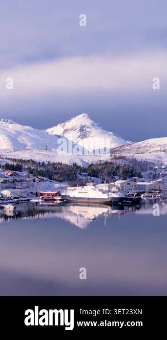 Aerial drone view of fishing boat in the port of northern Norway ...