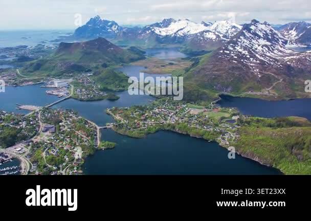 Northen green nature of Lofoten, Norway. Aerial view of breathtaking ...