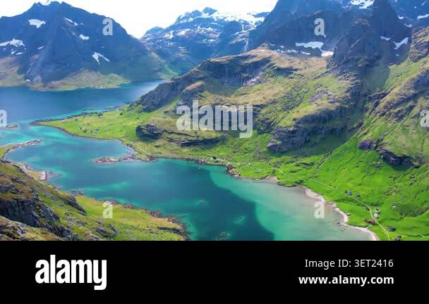 Aerial drone view of Lofoten Islands in Norway, featuring beautiful ...