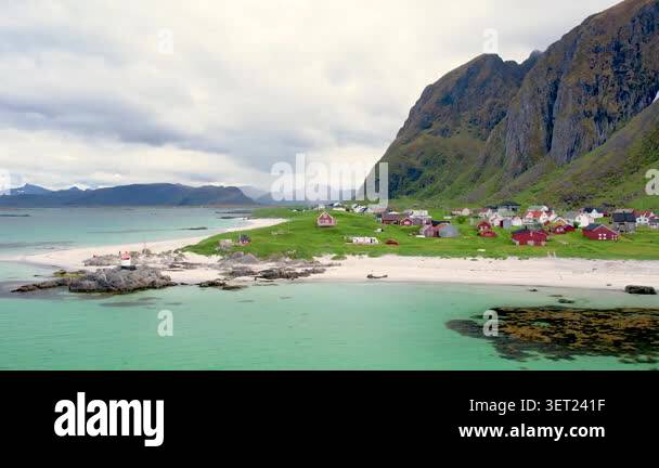 Aerial drone view of Lofoten Islands in Norway, featuring beautiful ...