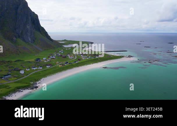 Aerial drone view of Lofoten Islands in Norway, featuring beautiful ...