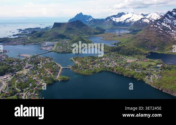 Aerial of small traditional town Svalvaer with greenery covered ...