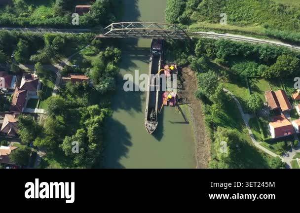 Above top view, dolly move rotation over on two excavators dredge as ...