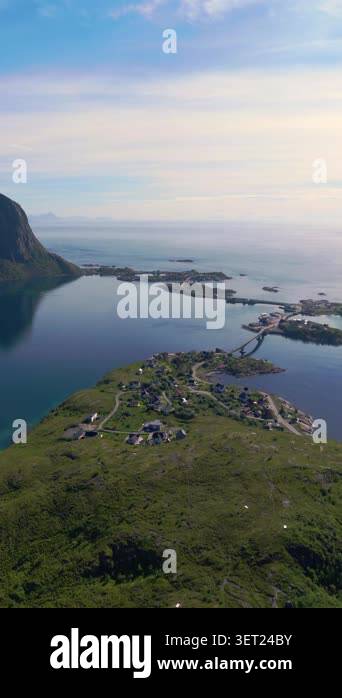 Stunning aerial footage of Lofoten Islands, Norway showing lush green ...
