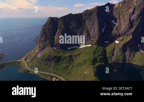 Stunning aerial footage of Lofoten Islands featuring towering basalt ...