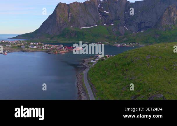 Aerial view of iconic Lofoten Islands village with dramatic mountain ...