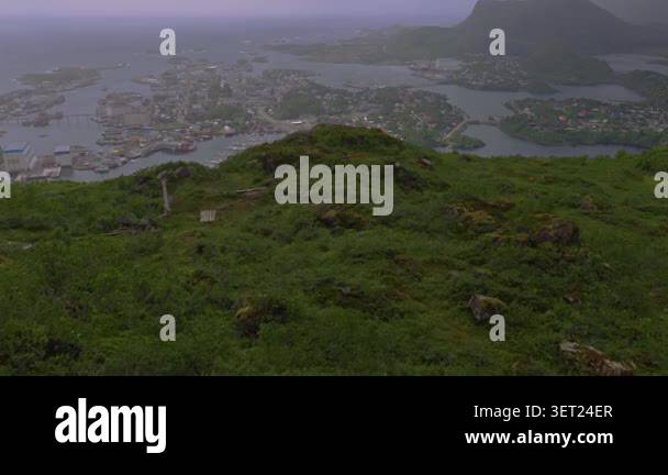 Aerial perspective from mountainside overlooking dramatic Lofoten ...