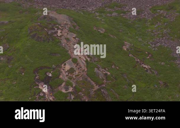 Drone footage of winding stream through lush green alpine meadow ...