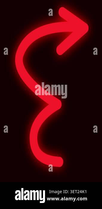 Curved red neon arrow pointing sideways. Animated UI direction element ...