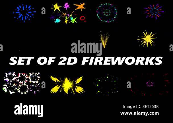 Collection of 2D fireworks on a black background. Bright set of 12 ...