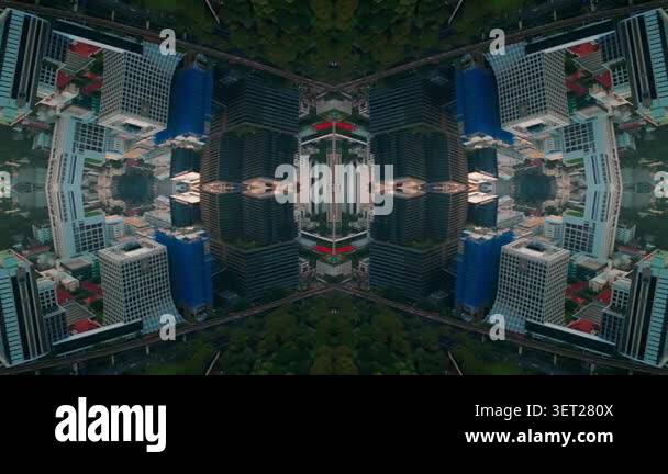mirrored fractal cityscape skyline with symmetry skyscraper and green ...